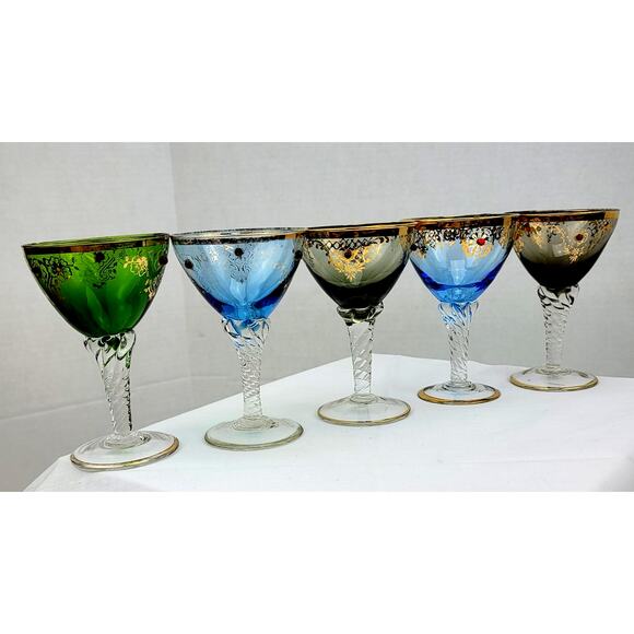 unknown | Dining | 5 Jeweled Wine Glasses Gold Etching And Trim Beautiful Twisted Stem 5 3 ...